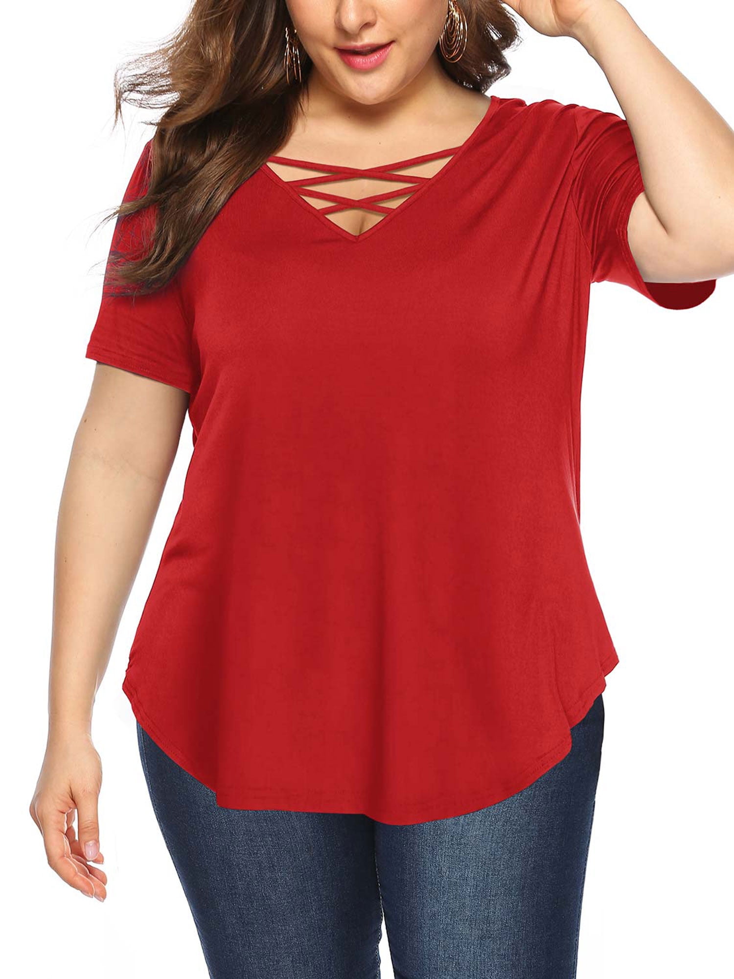 Starybirds Womens Plus Size Blouse Criss Cross Short Sleeve Tops Red XL ...