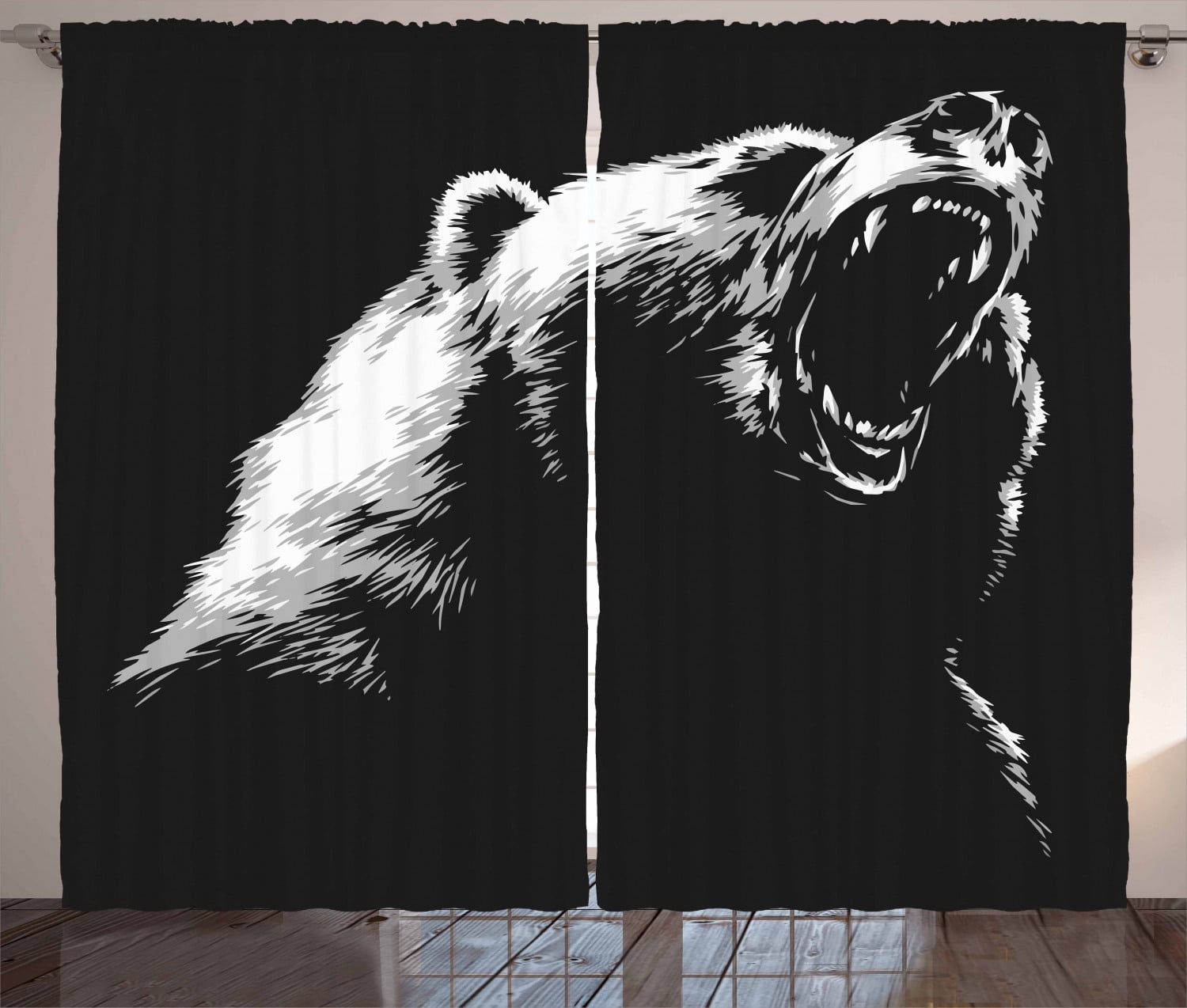 Bear Curtains 2 Panels Set, Sketch Line Art Style Roaring Carnivore Fur ...