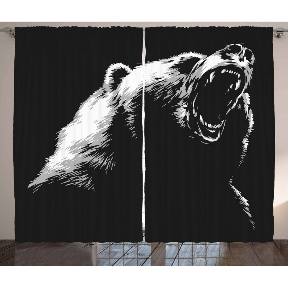 Bear Curtains 2 Panels Set, Sketch Line Art Style Roaring Carnivore Fur ...