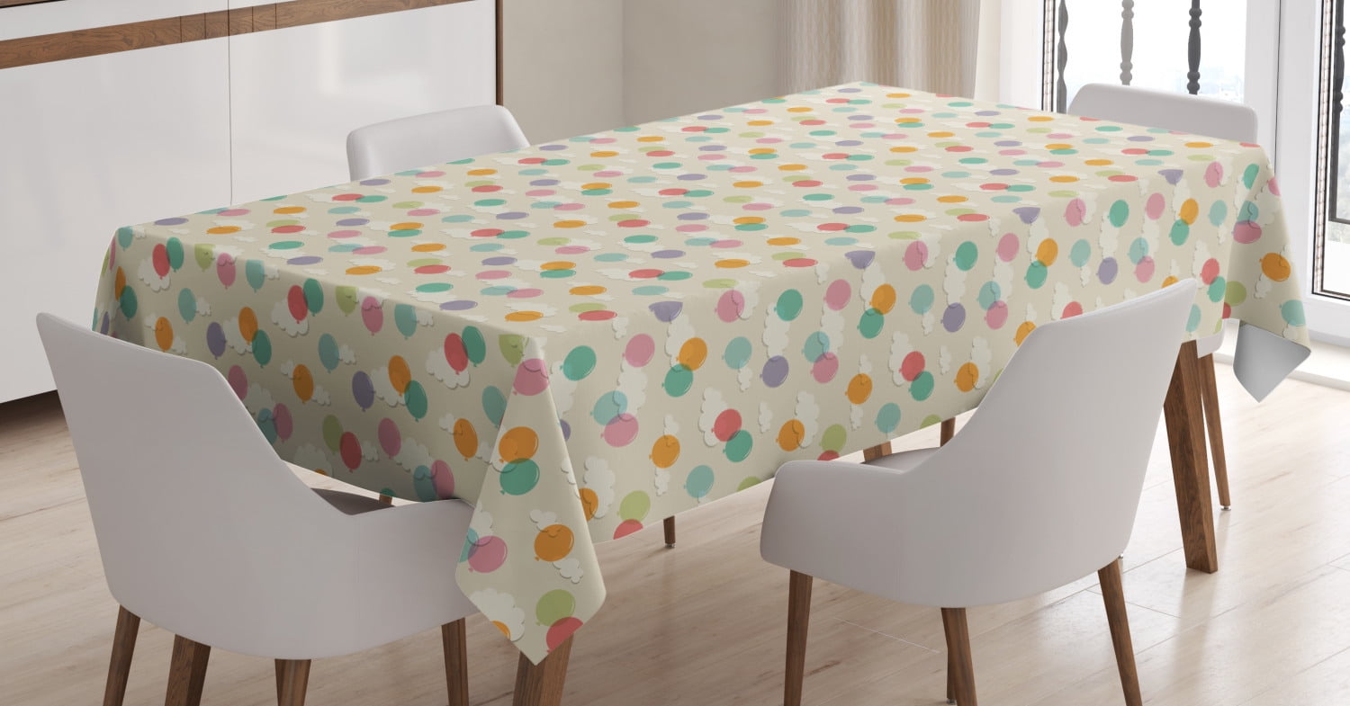 Birthday Tablecloth, Pastel Colored Balloons Flying over the Fluffy ...