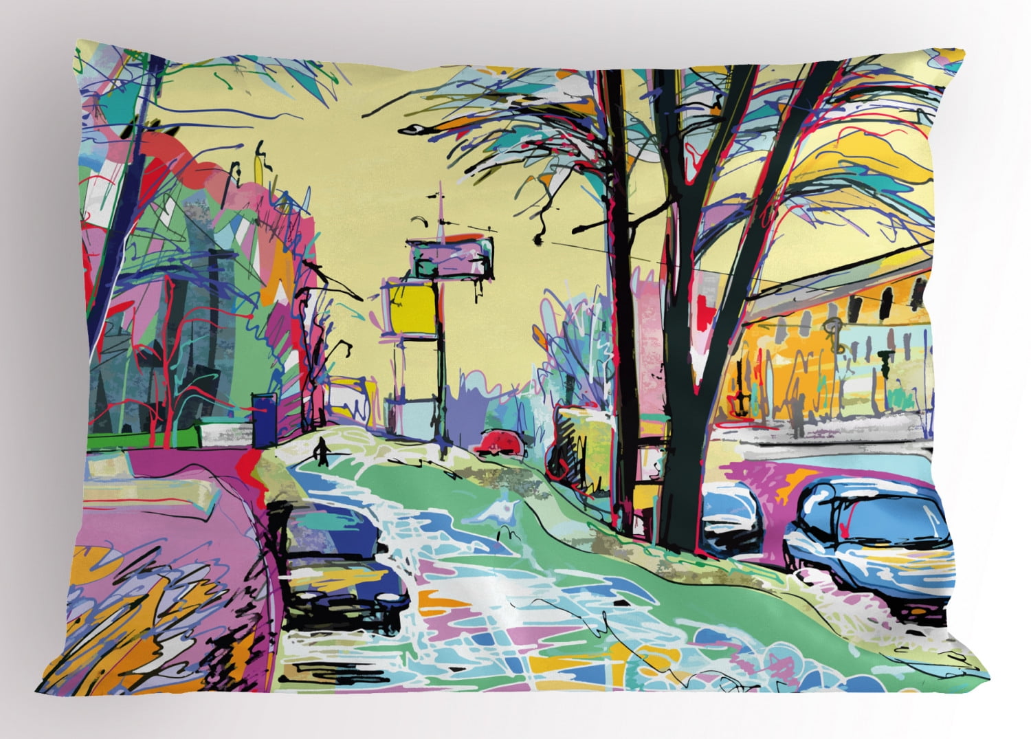 Fine Art Pillow Sham, Contemporary Style Urban View in Murky Vibrant ...