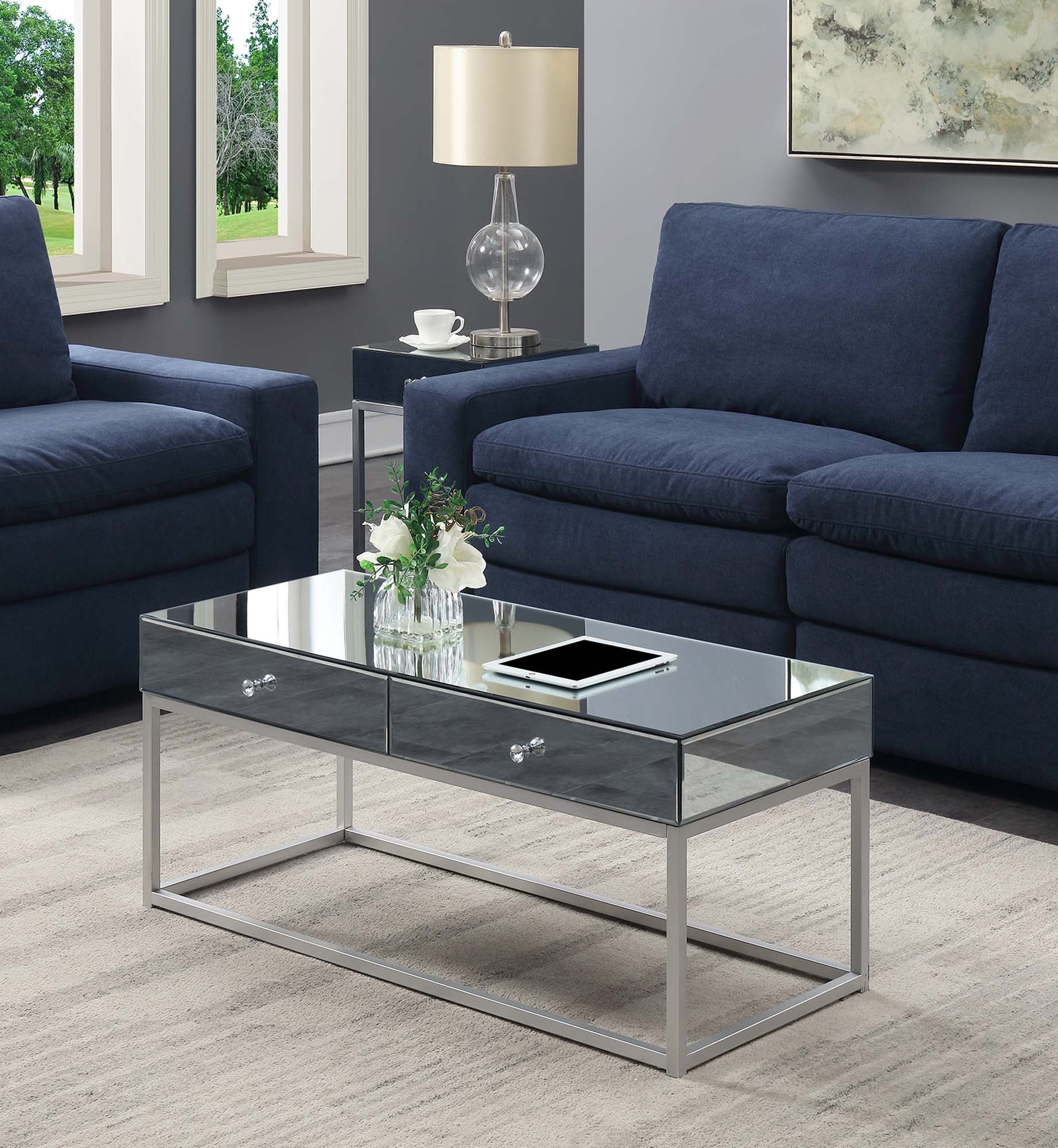Convenience Concepts Reflections 2 Drawer Coffee Table, Mirror/Silver ...