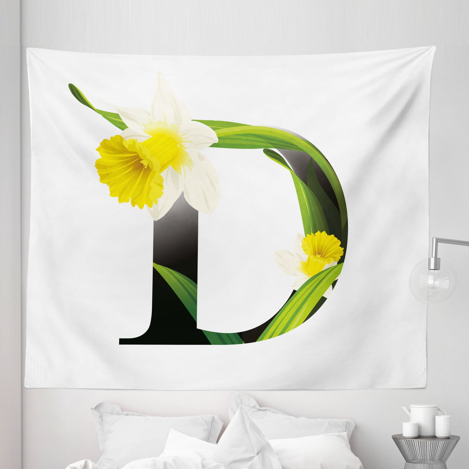 Letter D Tapestry, Black D Silhouette Entangled with Growing Daffodils ...