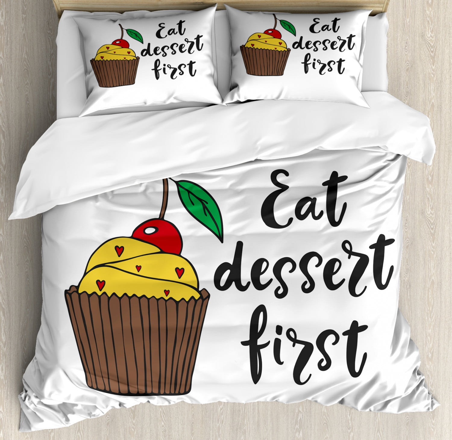 Eat Dessert First Duvet Cover Set Queen Size, Cartoonish Design Cherry ...