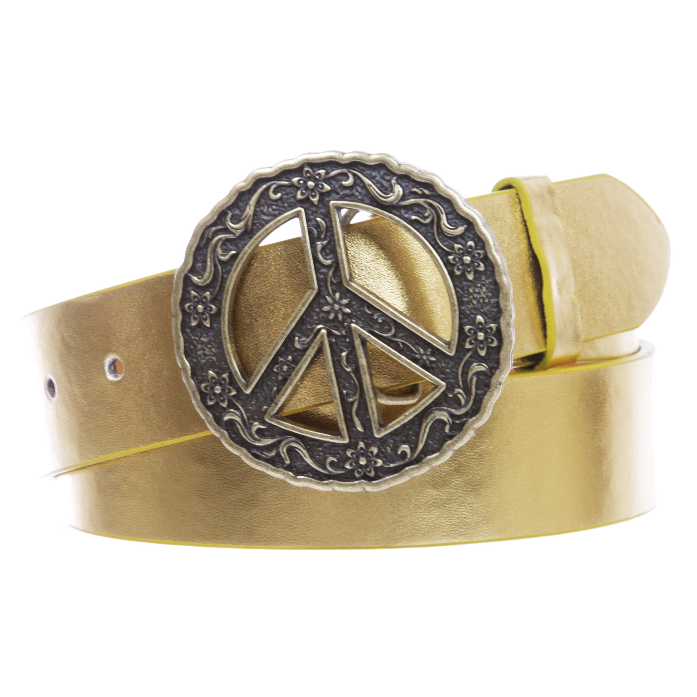 1 1/2" Snap On Belt With Round Perforated Floral Engraving Peace Sign ...