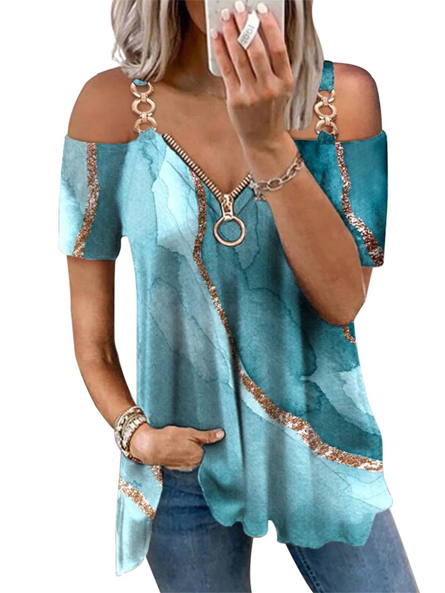 DYMADE Womens V Neck Zipper Tops Cold Shoulder Short Sleeve Tunic Tee ...