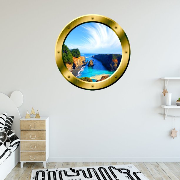 VWAQ Ocean View Porthole Wall Decal Gold Window Decals Sticker Peel and ...