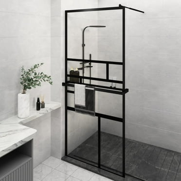 vidaXL Walk-in Shower Wall with Shelf Black 39.4"x76.8" ESG Glass ...