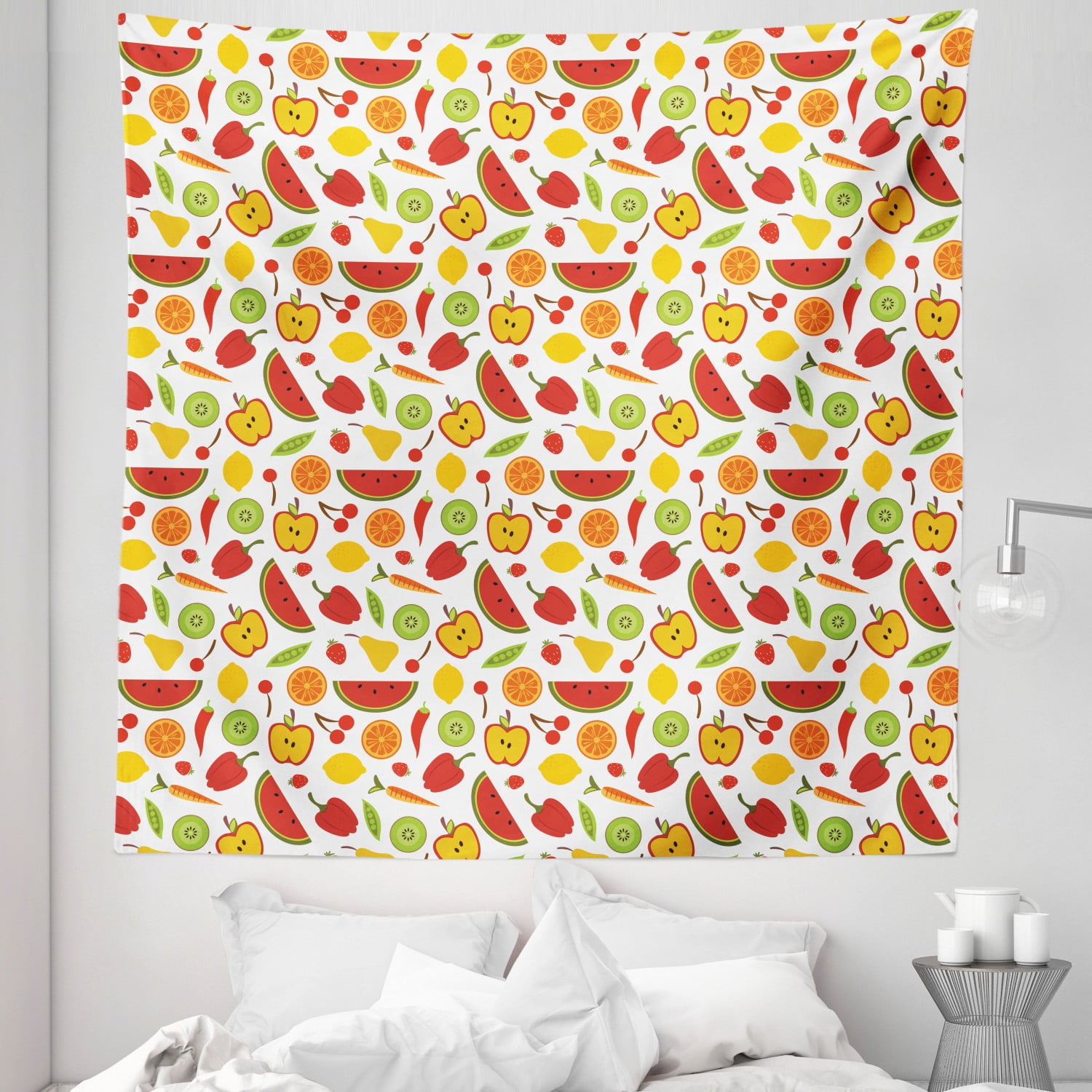 Food Tapestry, Cartoon Pattern of Pepper Apple Watermelon Kiwi Carrot ...