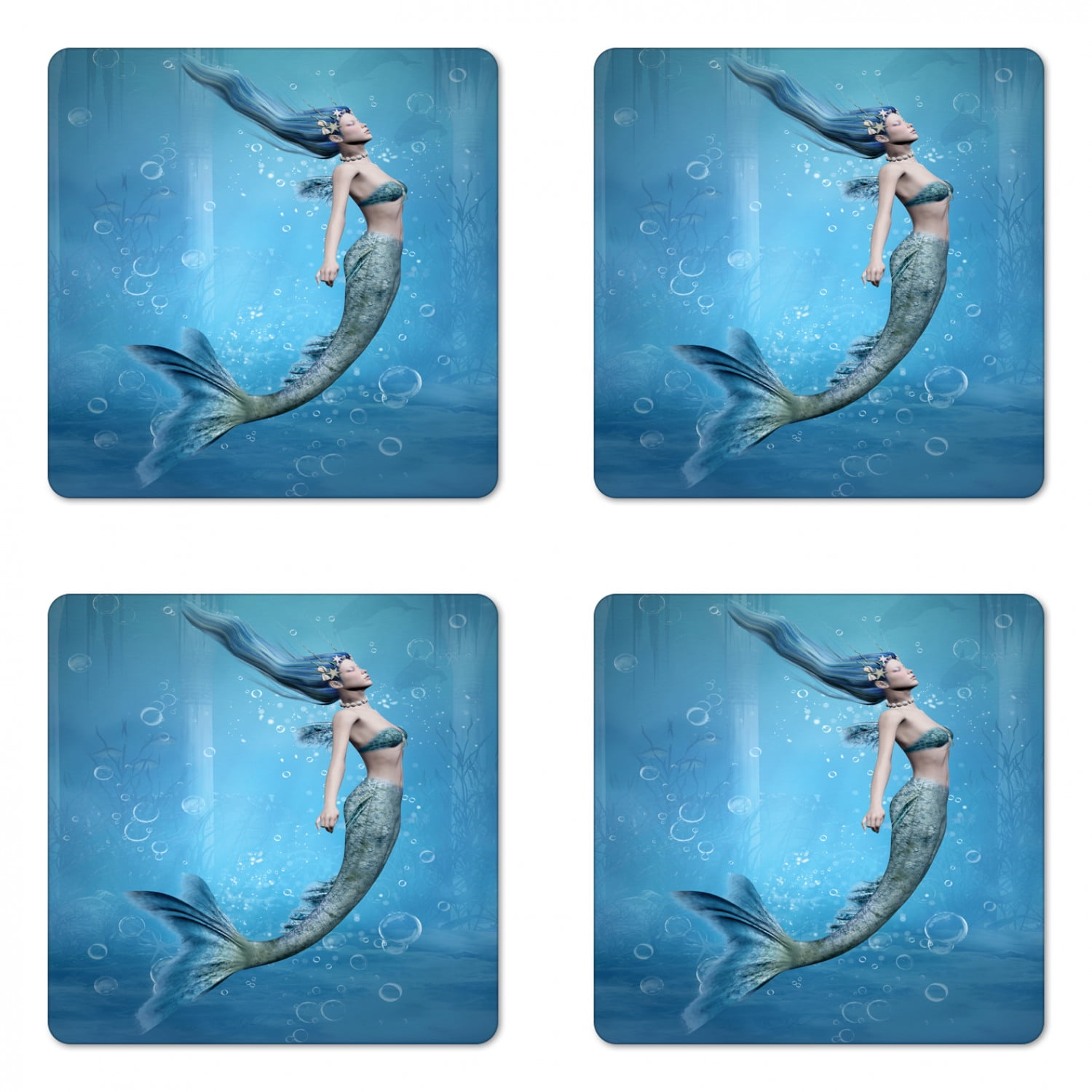 Underwater Coaster Set of 4, Mermaid Fishtail Floating Bubbles Mythical ...