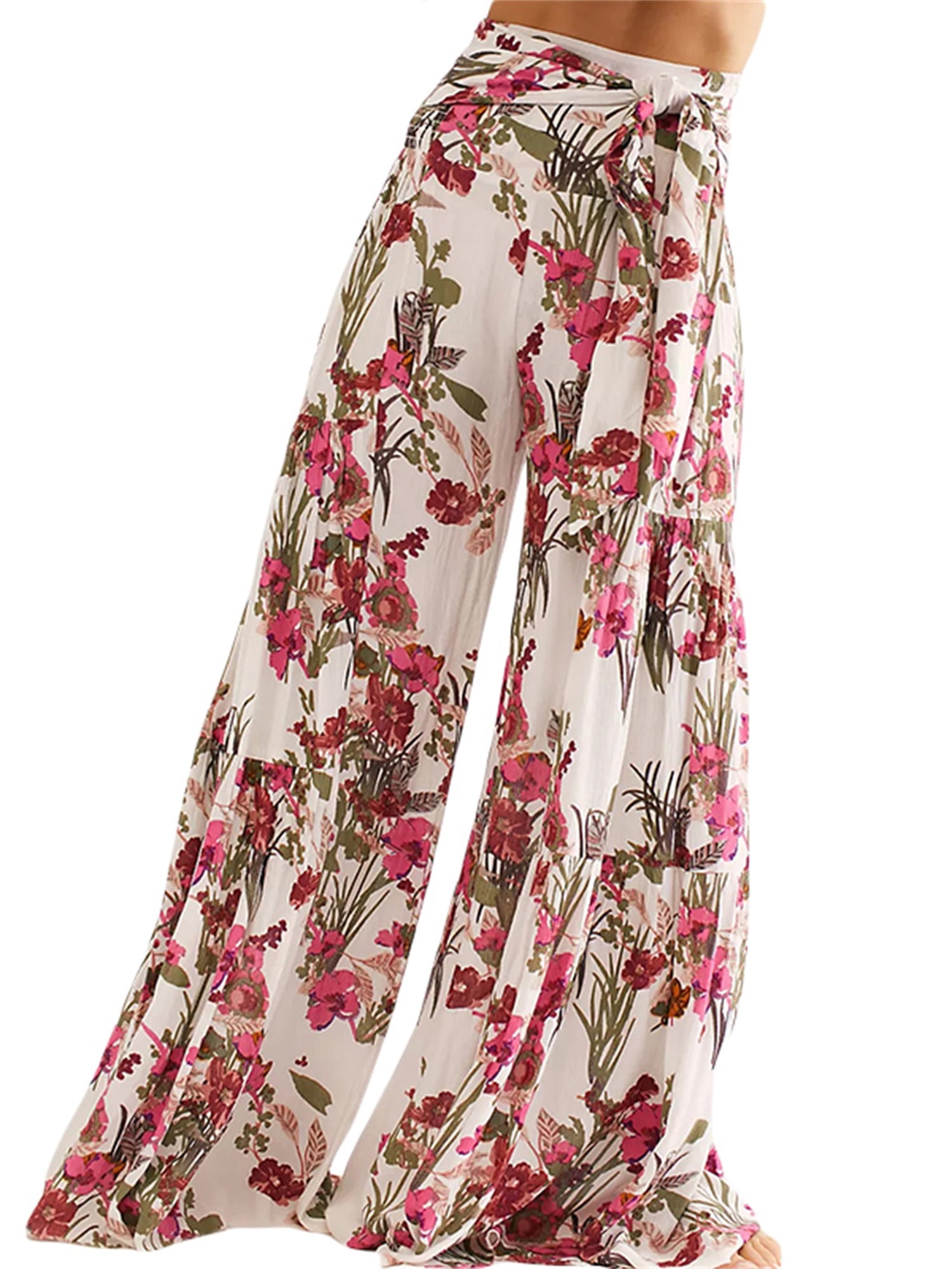 Boho Wide Leg Pants for Women High Waist Floral Printed Belted Palazzo ...