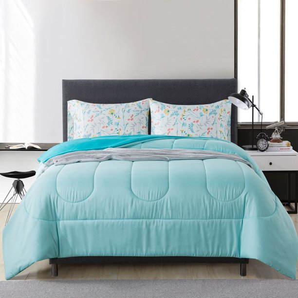 Mainstays Teal 5 Piece Bed in a Bag Comforter Set with Sheets and Plush ...