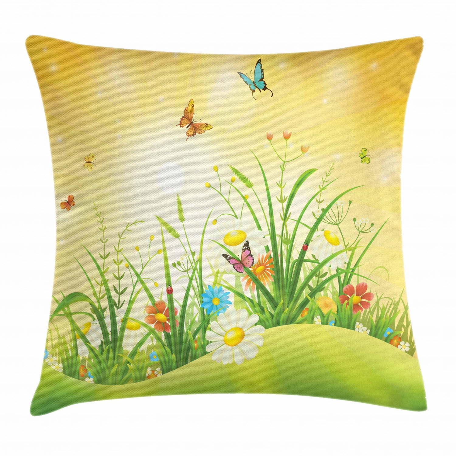 Spring Throw Pillow Cushion Cover, Idyllic Scenery of Summertime Daisy ...