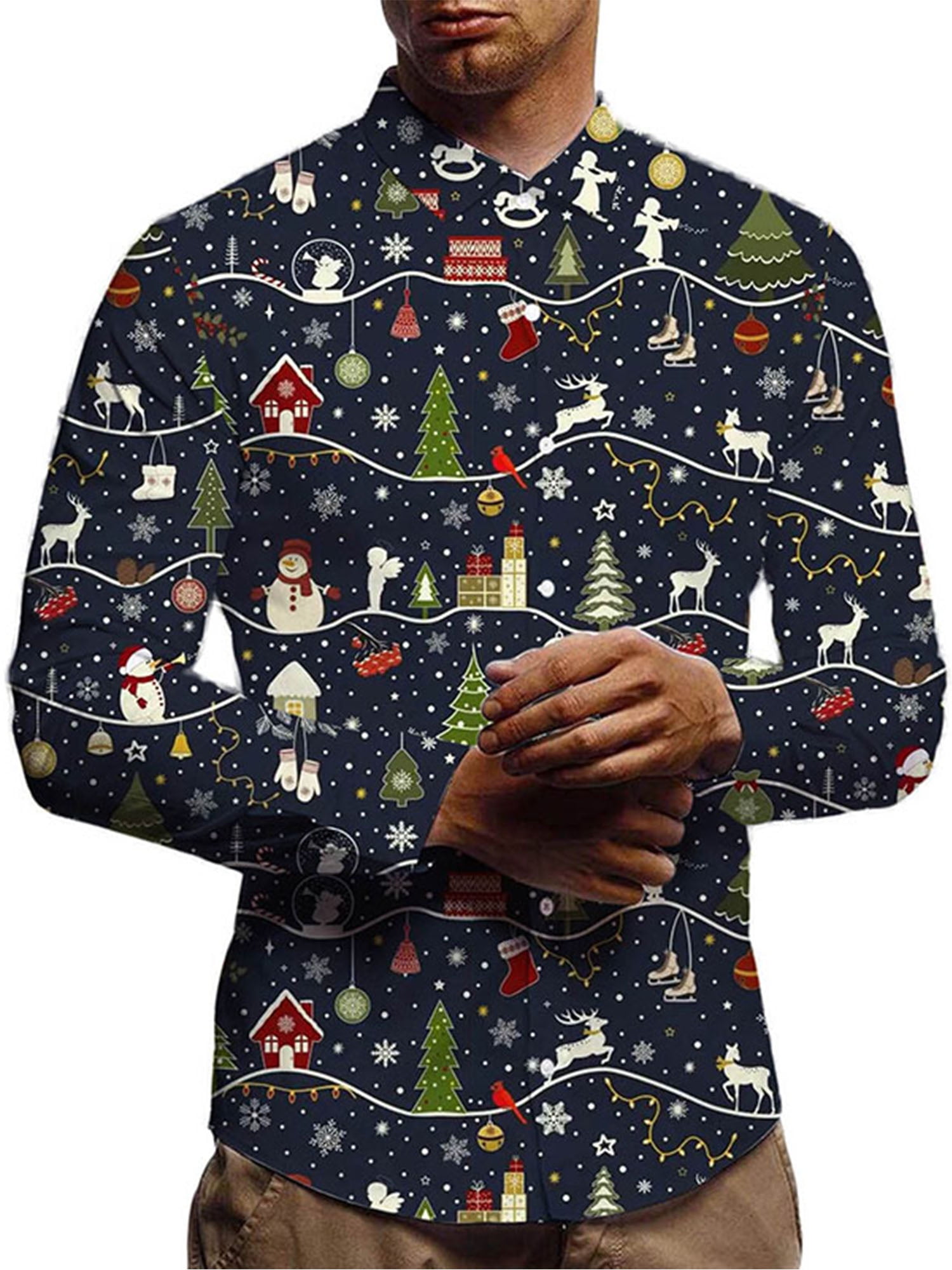 Grianlook Mens Christmas Santa Claus Shirt Elk Snowflake Print Long ...
