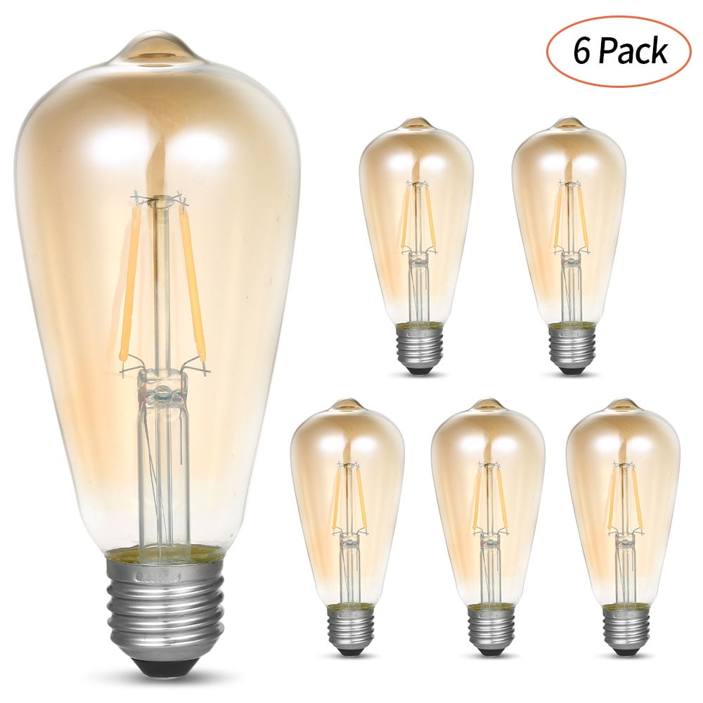Pack of 6 Vintage 4W ST64 Edison LED Filament Light Bulbs E26/E27 Amber ...