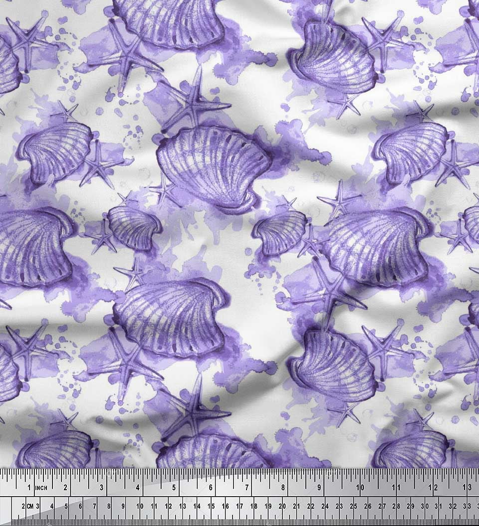 Soimoi Purple Silk Fabric Shell & Starfish Ocean Print Fabric by the ...