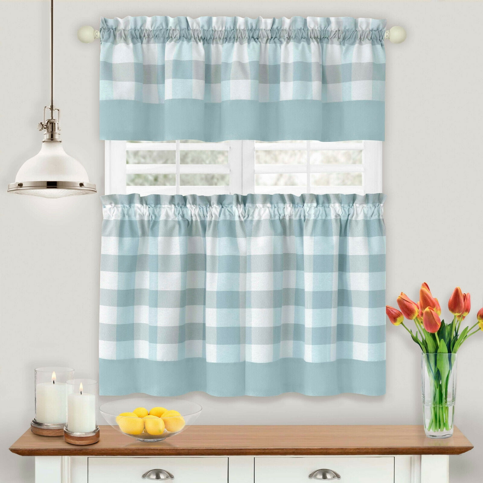 Kate Aurora Modern Country Farmhouse 3 Piece Plaid Cafe Kitchen Curtain ...