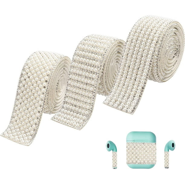 3 Pcs Self Adhesive Pearl Rhinestone Ribbons, 1.2inch x 1 Yard White ...