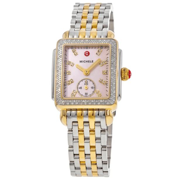 Michele Deco Mid Pink Mother of Pearl Dial Diamond Two-Tone Steel Women ...