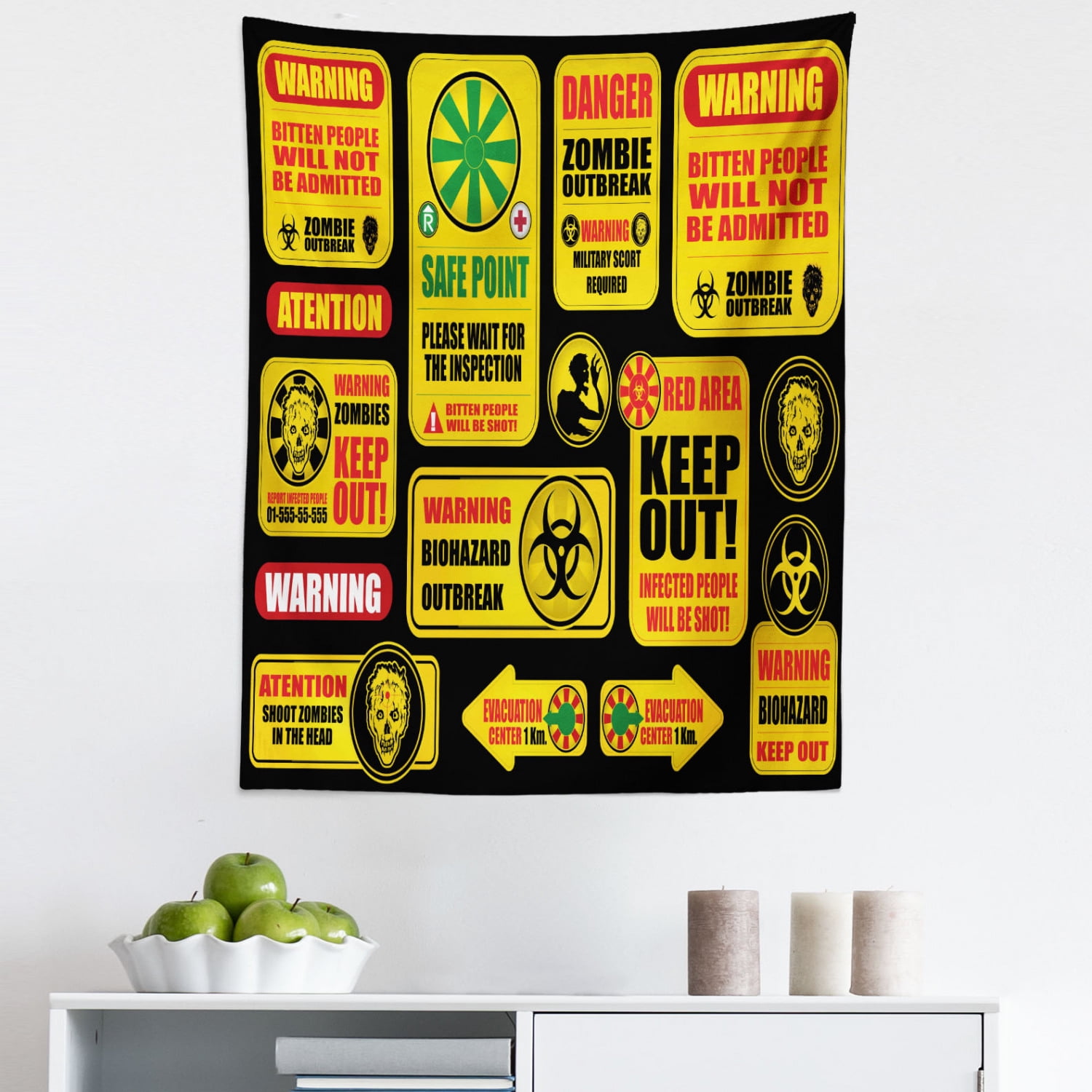 Zombie Tapestry, Apocalypse Signs Attention Danger Safe Point Evil ...