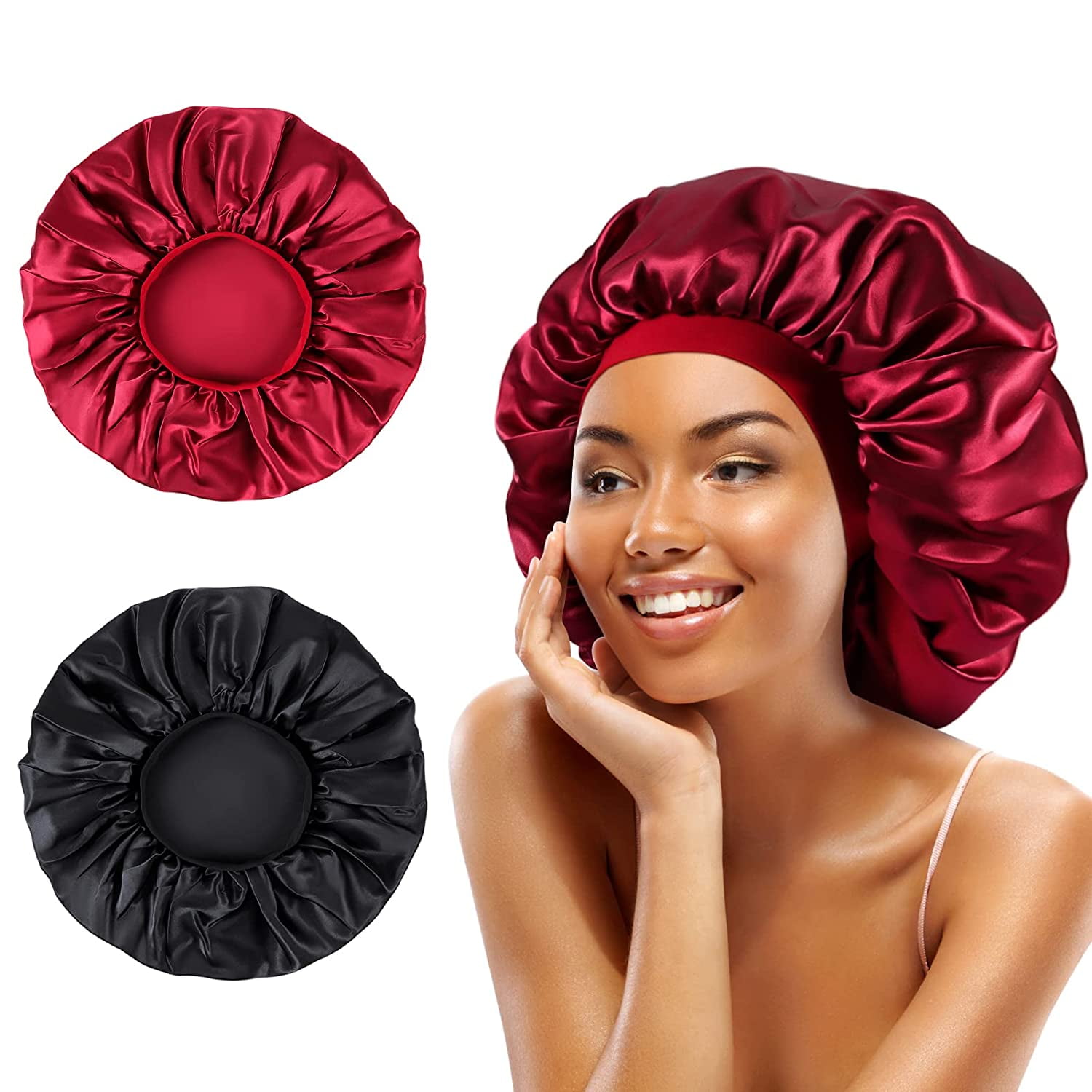 Large Women Silk Satin-Bonnet - 2 PCS Extra Soft Elastic Band Sleeping ...