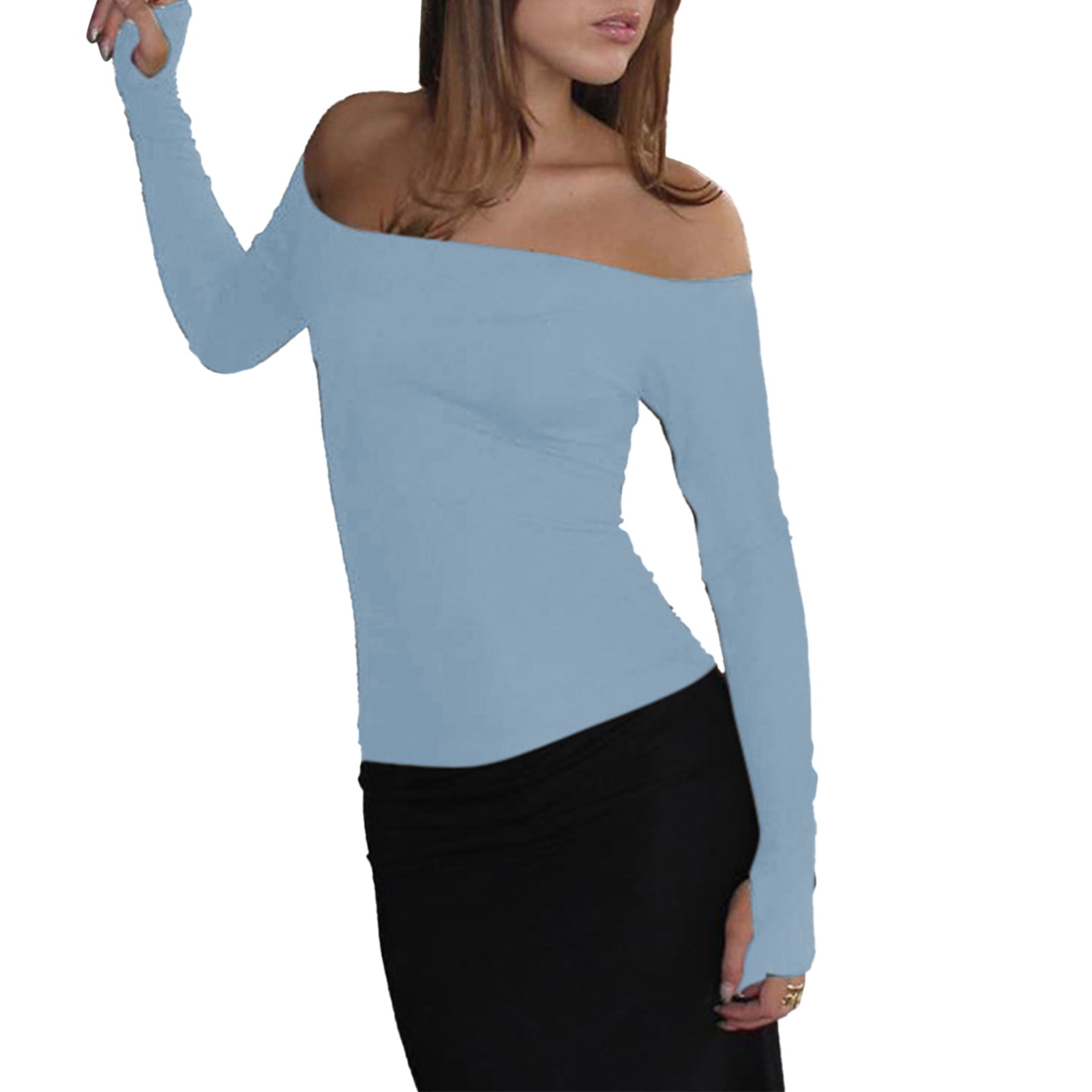 Click here for Mfg2020 Off Shoulder Top Long Sleeve Pure Color Ho... prices