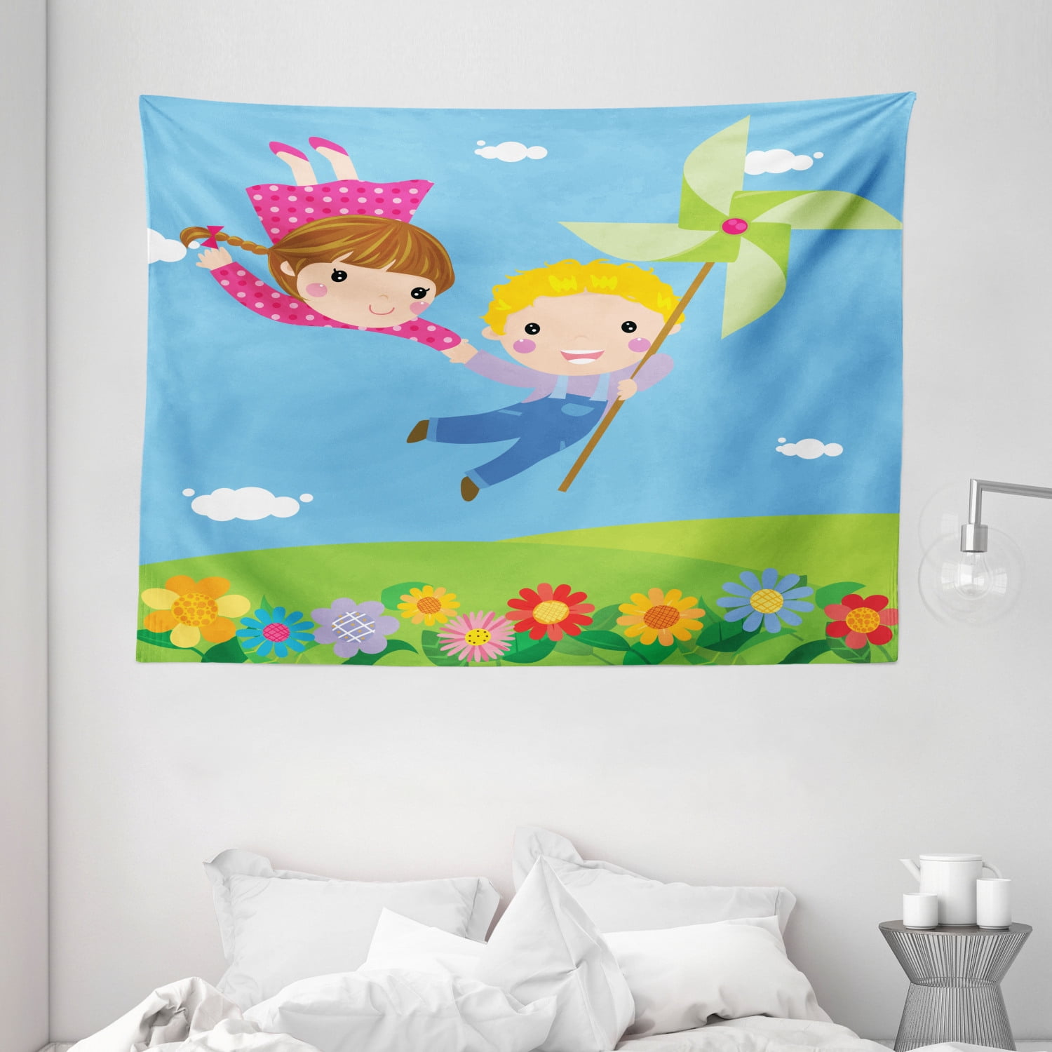 Pinwheel Tapestry, Little Boy and Girl Flying Fantasy Fairy Friendship ...