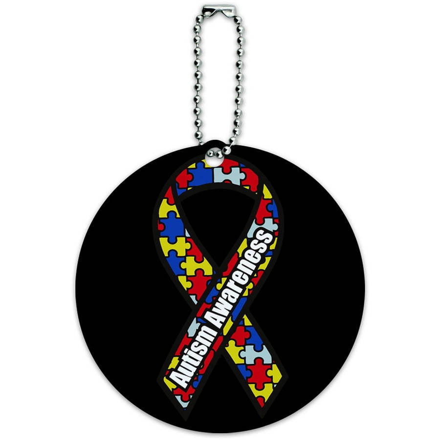 Autism Awareness Ribbon on Black Round Luggage ID Tag Card for Suitcase ...