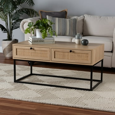 Tansole Rectangle Rattan Coffee Table with Sliding Storage Door and ...
