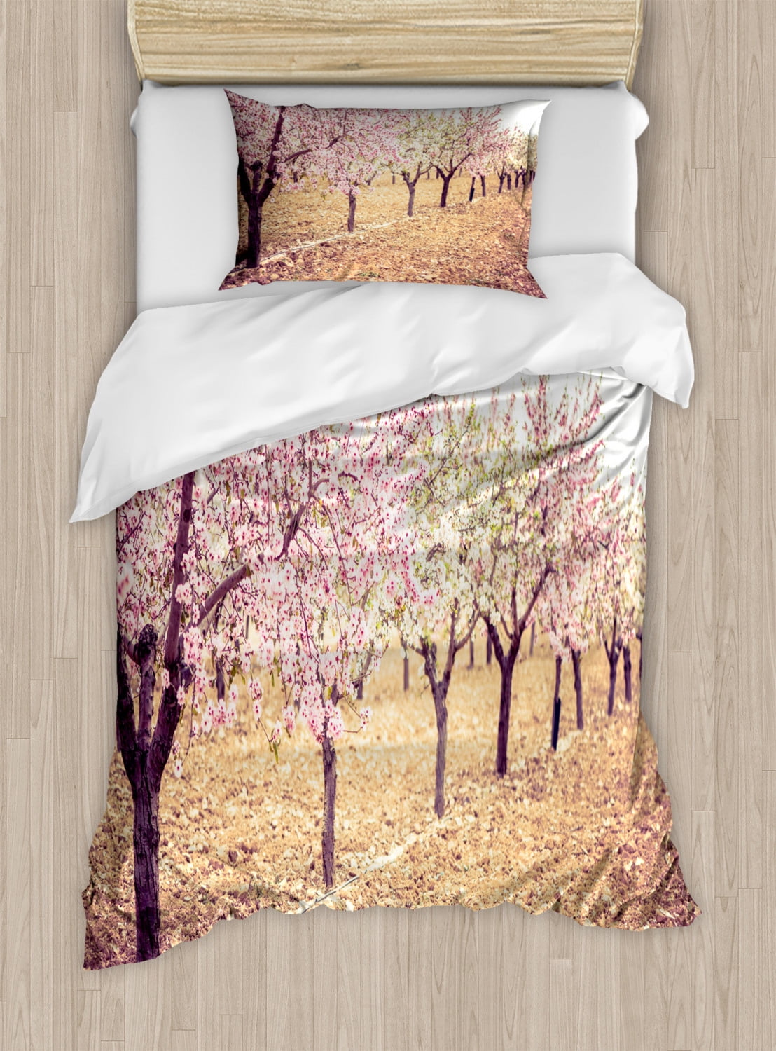 Almond Blossom Duvet Cover Set Twin Size, Spring Blossom Orchard with Blurred Background Pastel ...