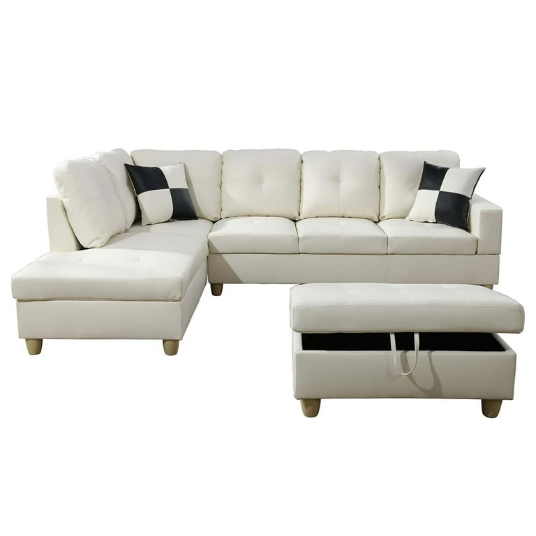 Marthena 2 Piece White Leather Sectional Sofa With Ottoman | Cabinets ...