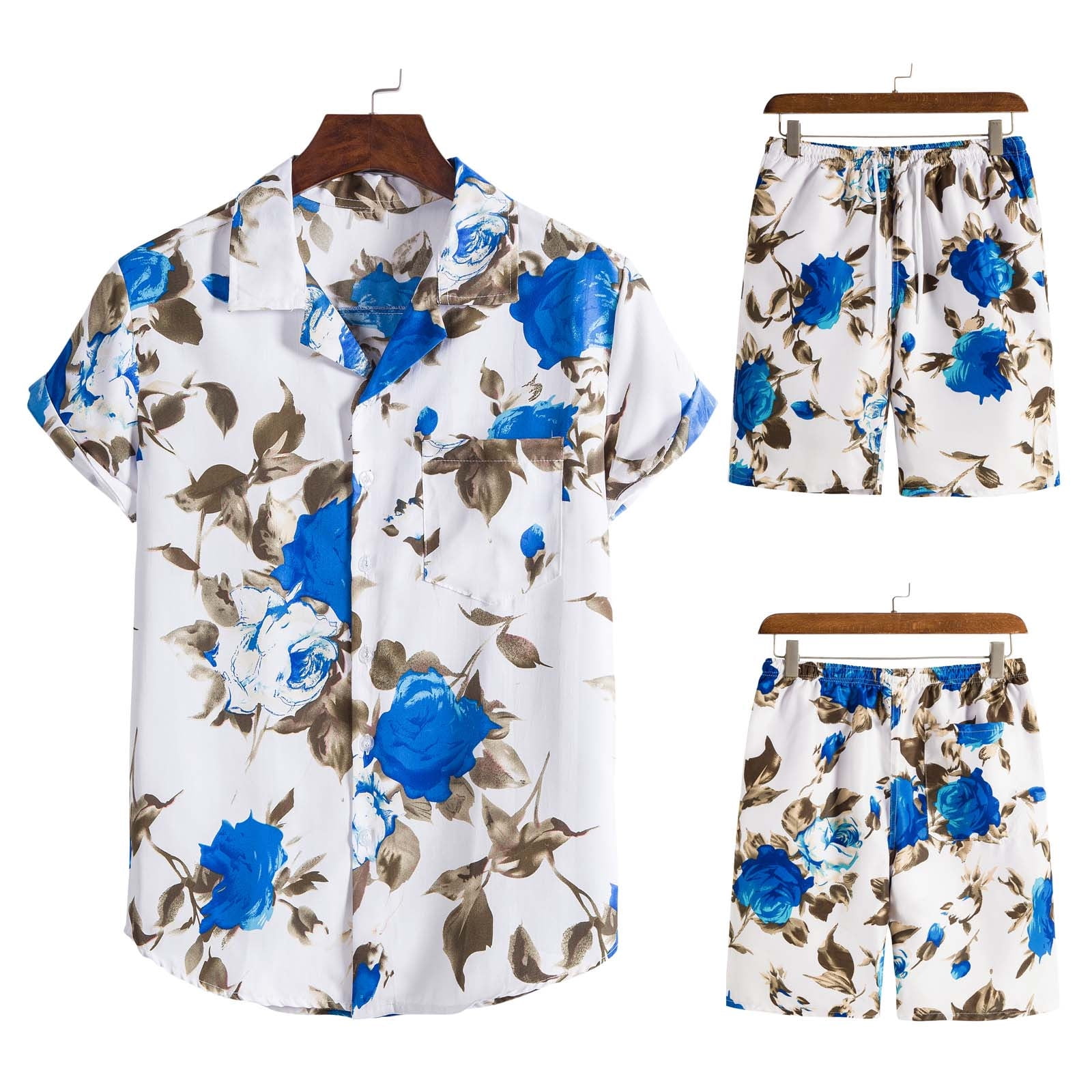 Cteegc Mens Hawaiian Shirt Sets Floral Printed 2 Piece Tracksuit