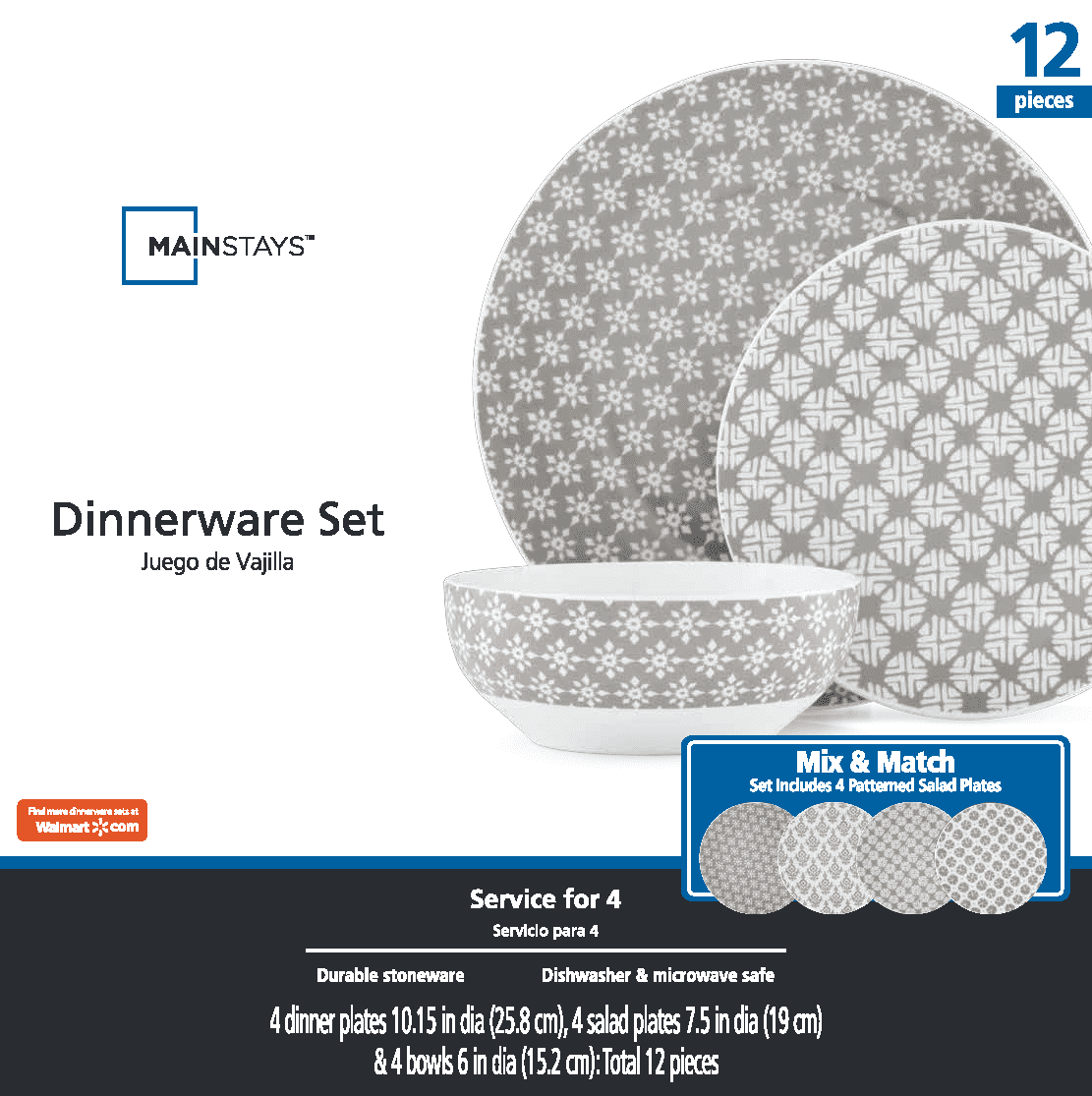Mainstays Stoneware Gray Flannel Print Dinnerware Set, 12 Piece ...