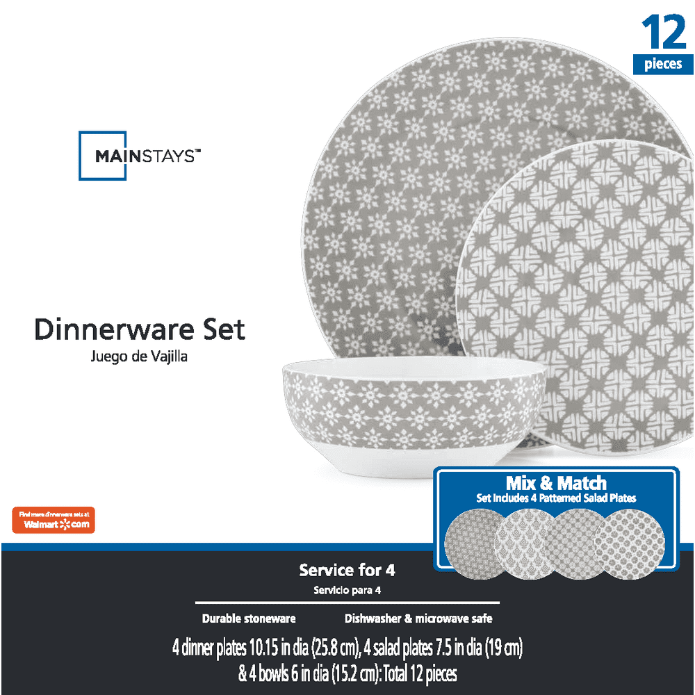Mainstays Stoneware Gray Flannel Print Dinnerware Set, 12 Piece ...