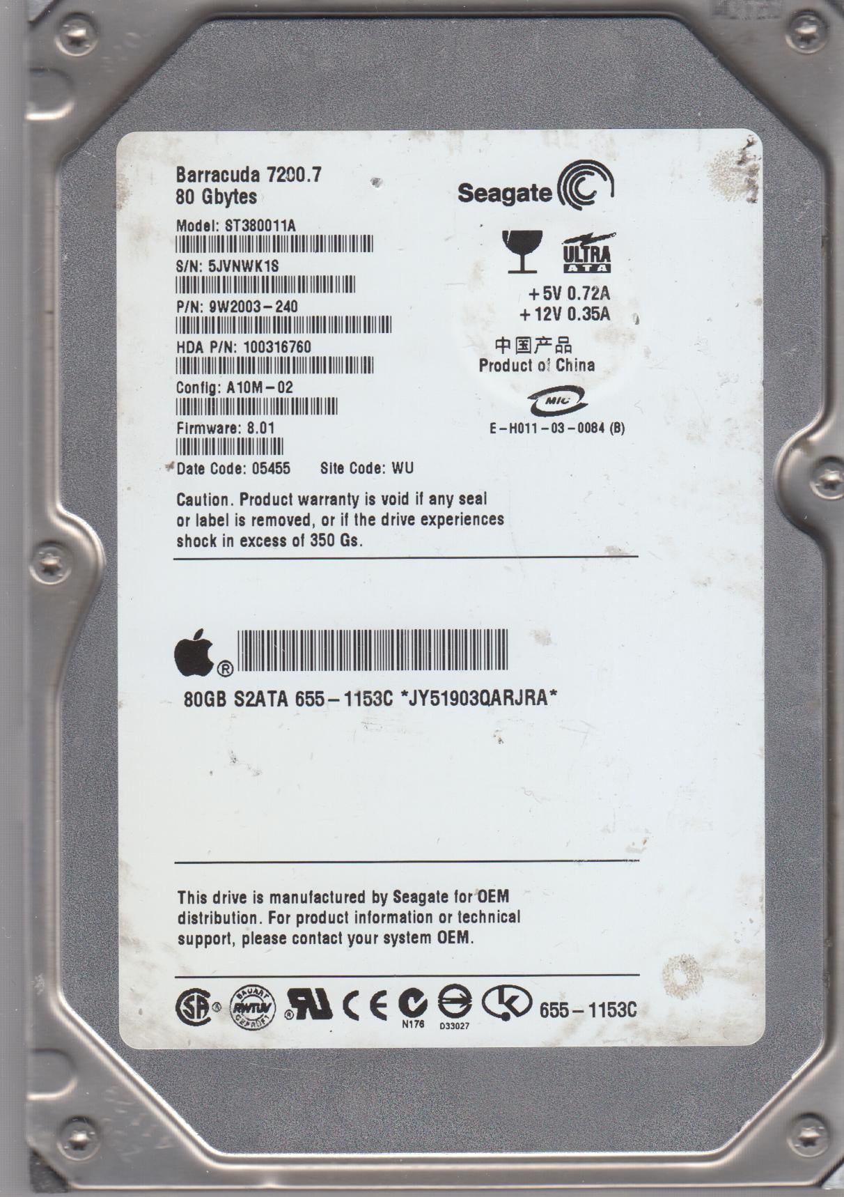 ST380011A, 5JV, WU, PN 9W2003-240, FW 8.01, Seagate 80GB IDE 3.5 Hard ...