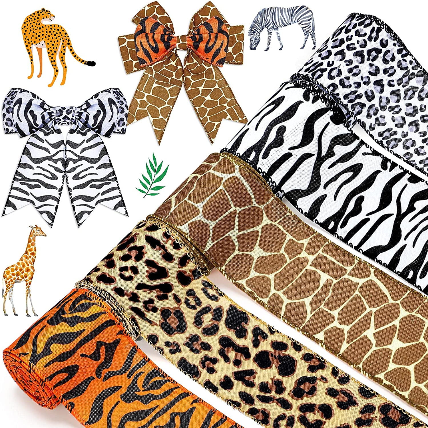 5 Rolls Jungle Animal Wired Ribbons 2.5 Inch Safari Animal Burlap ...