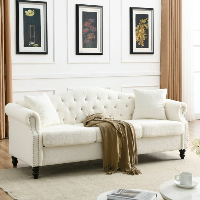 Velvet Couch, 3 Seater Sofa Chesterfield Couch with Rolled Arms and ...