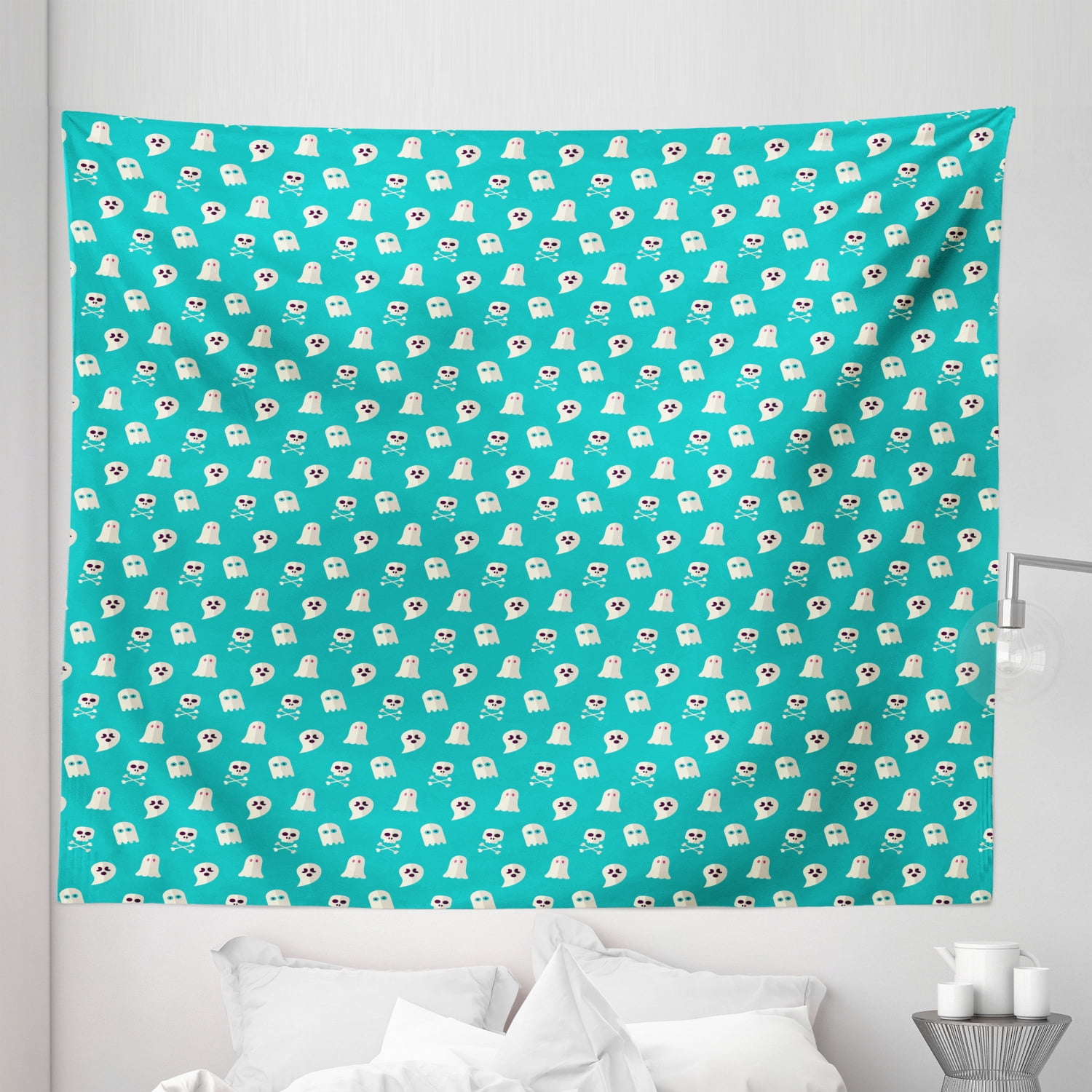 Ghost Tapestry, Scary Ghost Spirits Skulls and Bones on Turquoise Shade ...