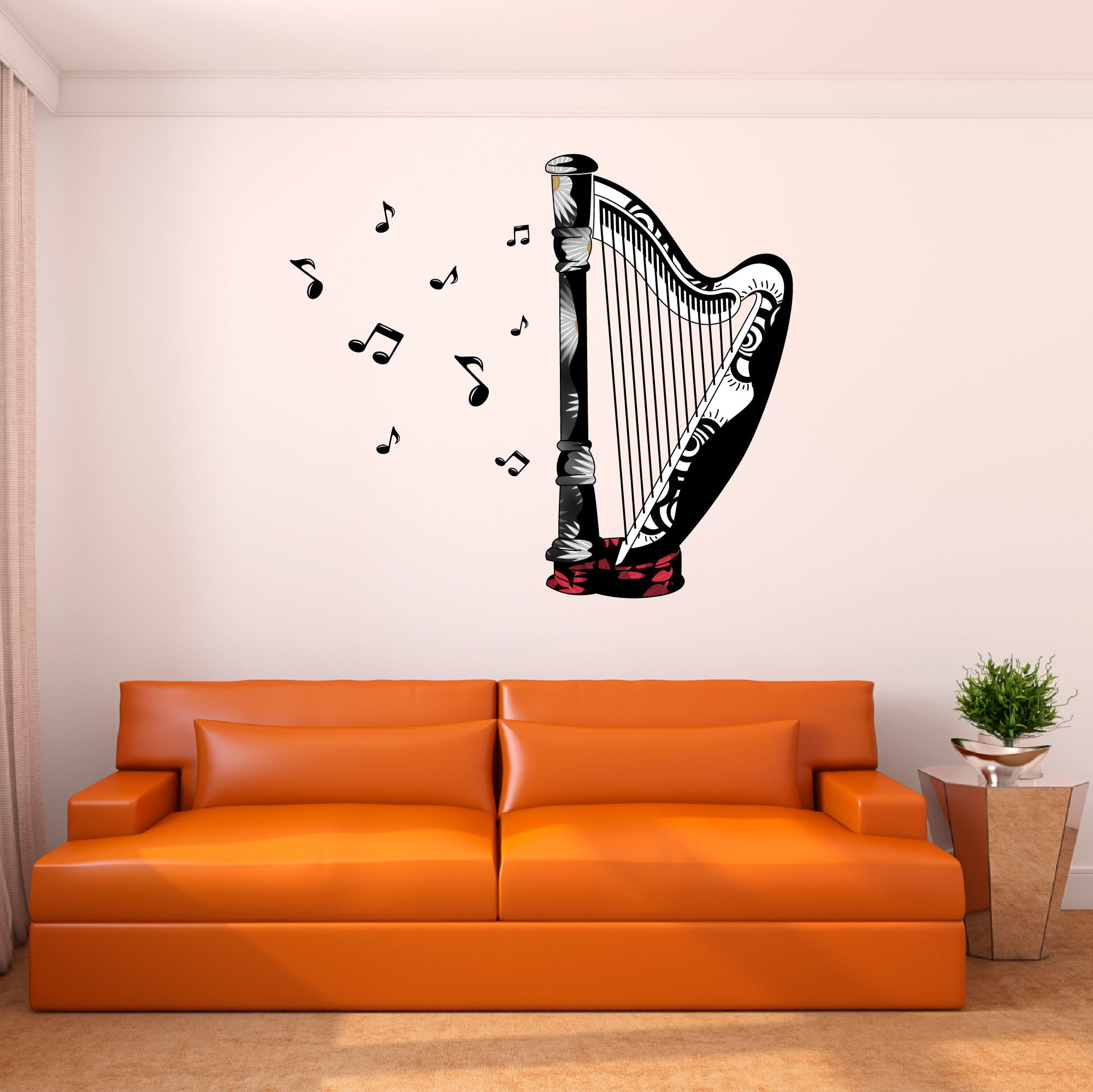 Music Wall Decal Classical Rocking Harp with Musical Notations Bedroom ...