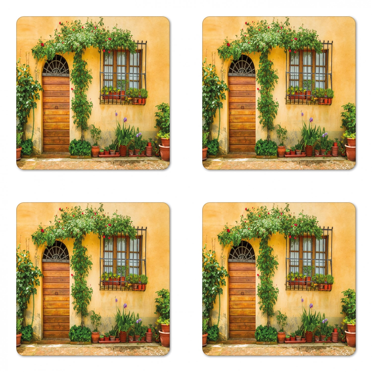 Italy Coaster Set of 4, Porch Different Flowers Pots Fresh Plants City ...