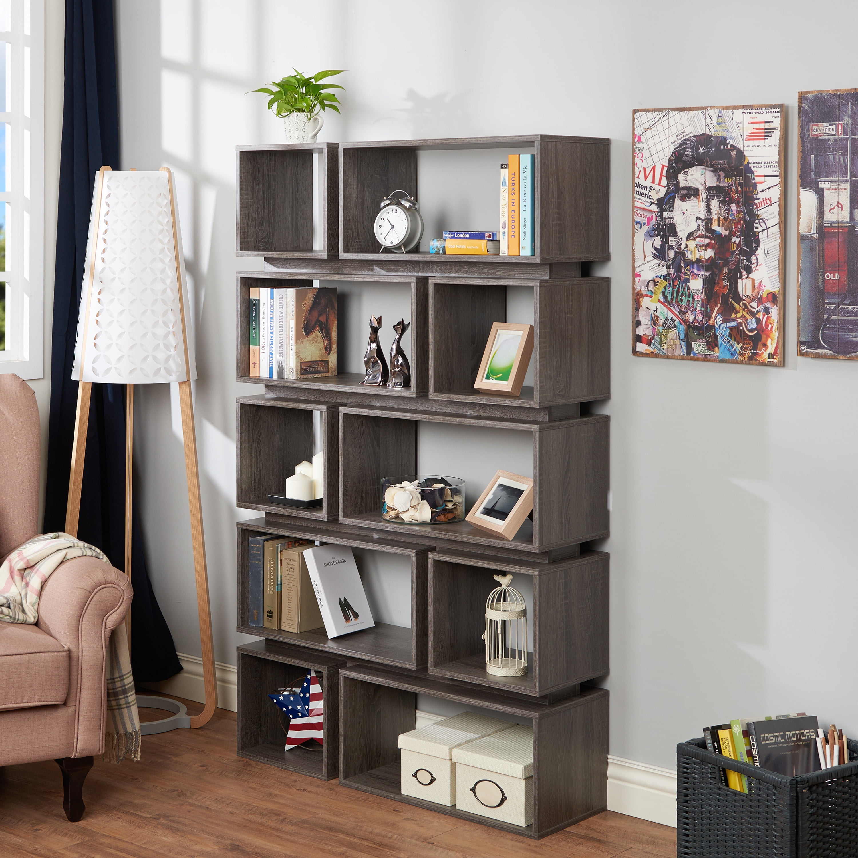 24/7 Shop At Home Mod Modern Wood Open-Back Bookcase Display Shelf Room ...