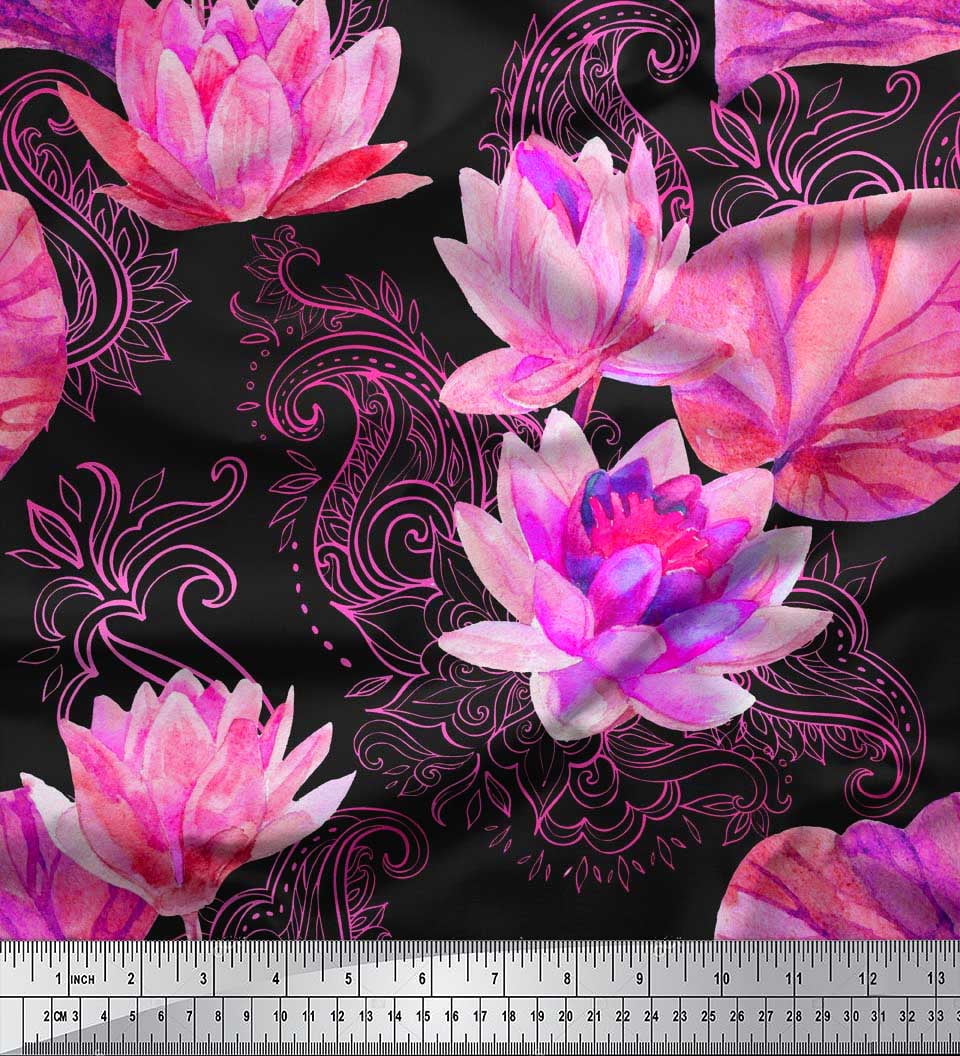Soimoi Satin Silk Fabric Paisley,Leaves & Lotus Flower Print Fabric by ...