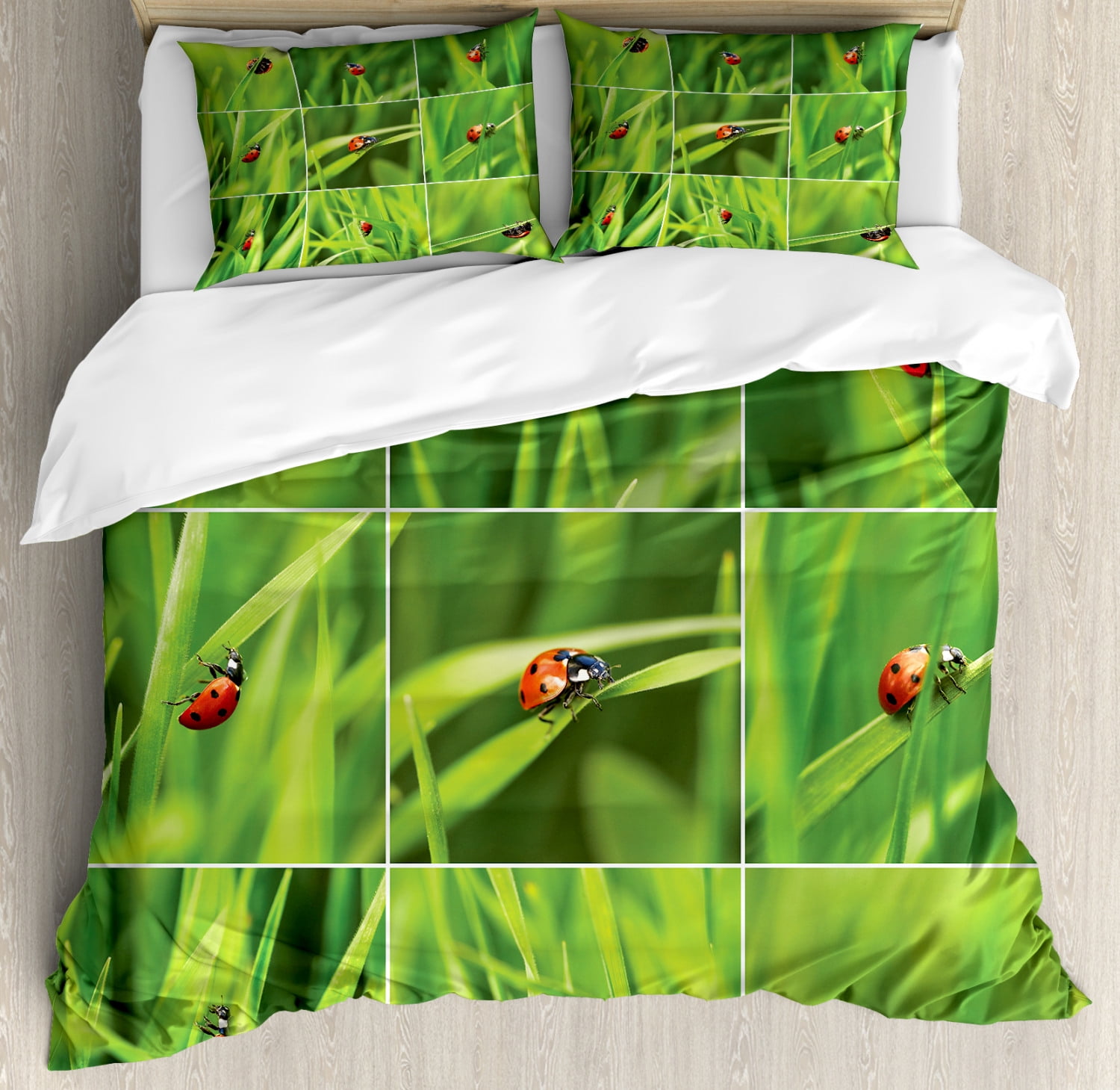 Ladybug Duvet Cover Set King Size, Ladybug over Fresh Grass Divided ...