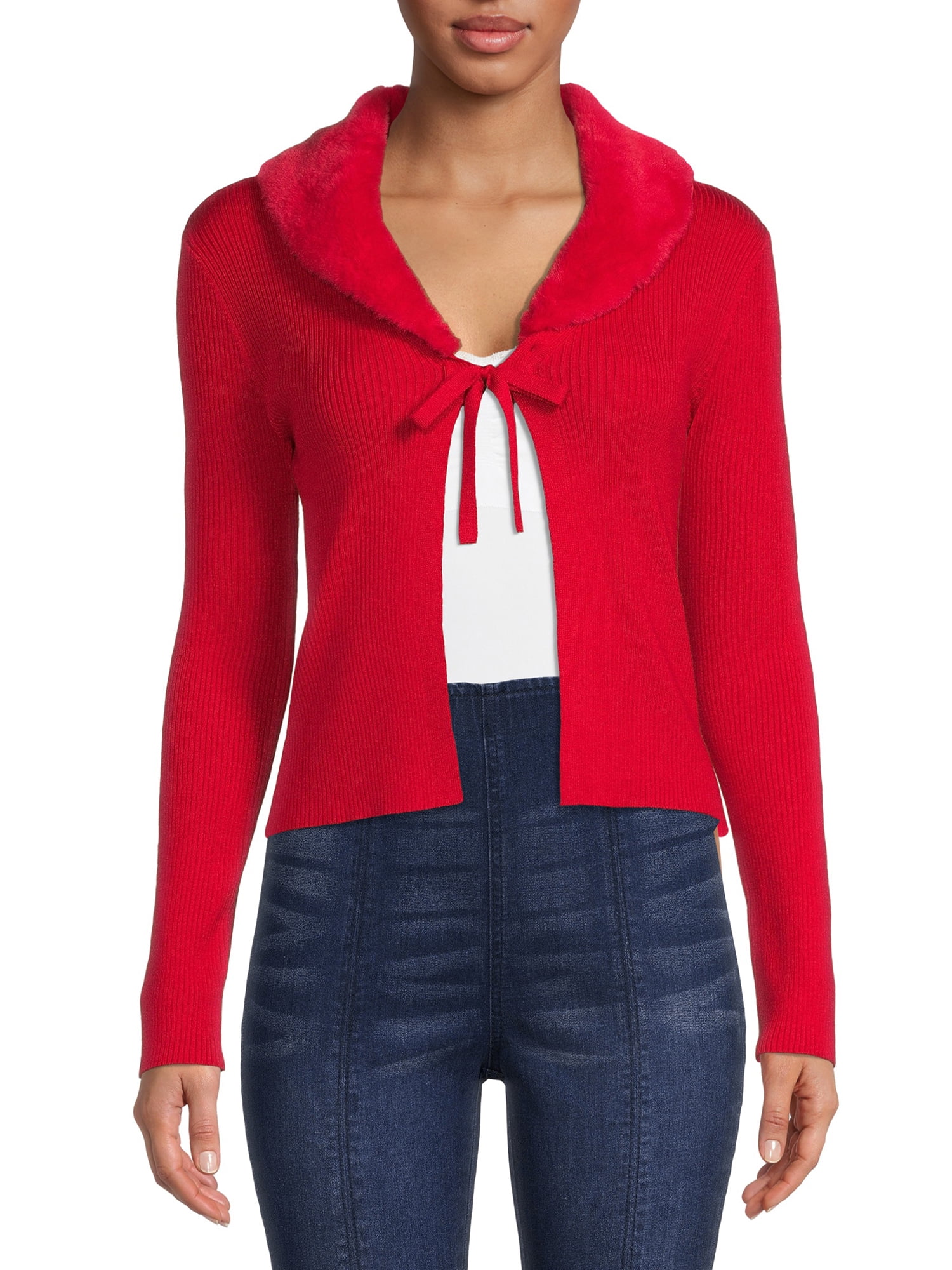 No Boundaries Juniors' Faux Fur Collar Cardigan Sweater - Walmart.com