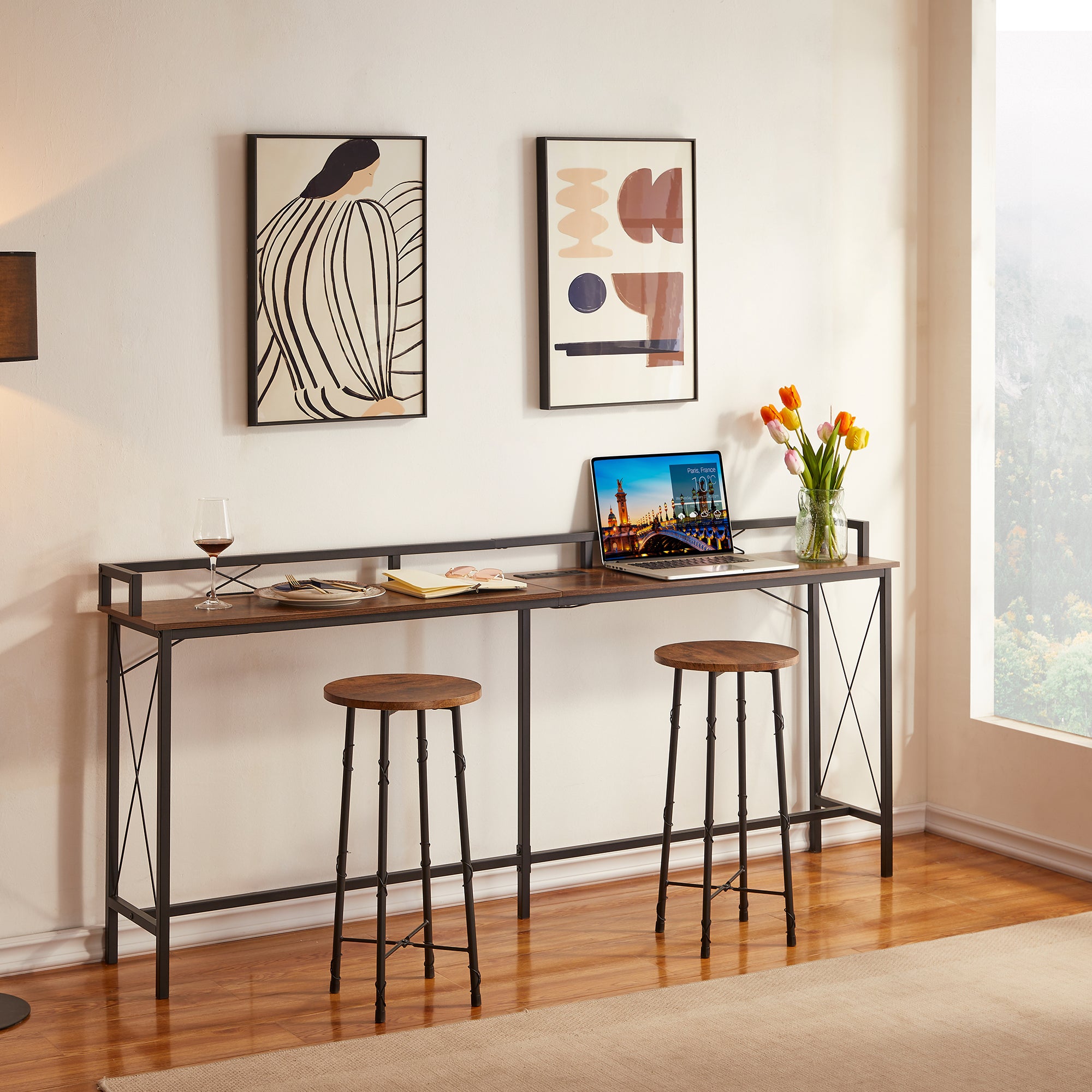 VECELO 55.1" Console Table with 2 Outlet and 2 USB Ports, Industrial ...