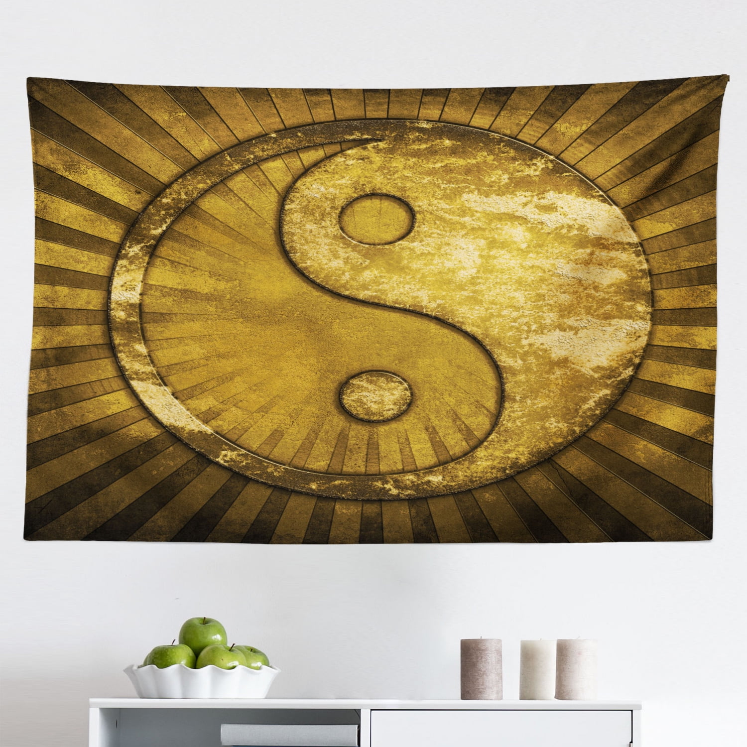 Ying Yang Tapestry, Grungy Retro Striped Sunburst Pattern Hippie Style ...