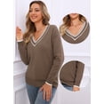 DARING DIVA V Neck Long Sleeve Knit Striped Pullover Sweater S Brown ...