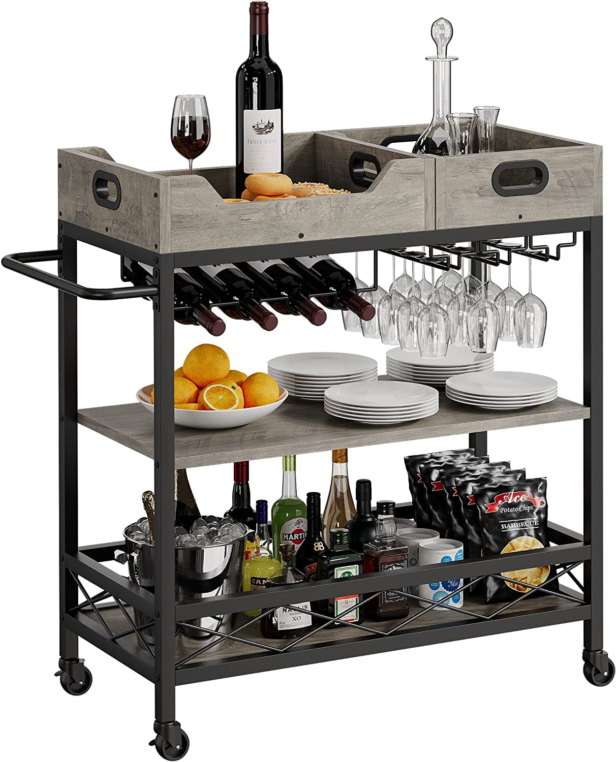 Bar Cart, 3 Tier Kitchen Serving Cart, Rolling Cart Storage Trolley ...