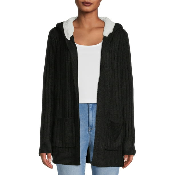 No Boundaries Juniors Cardigan Sweater with Faux Sherpa Hood - Walmart.com