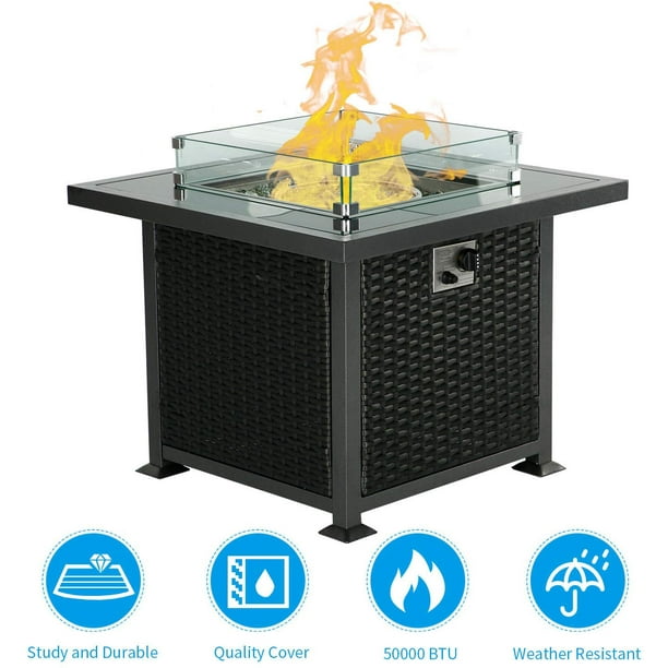 Erommy 32 Inch Outdoor Propane Fire Pit Table 50000 Btu Gas Fire Pit Table Wicker Pe Rattan
